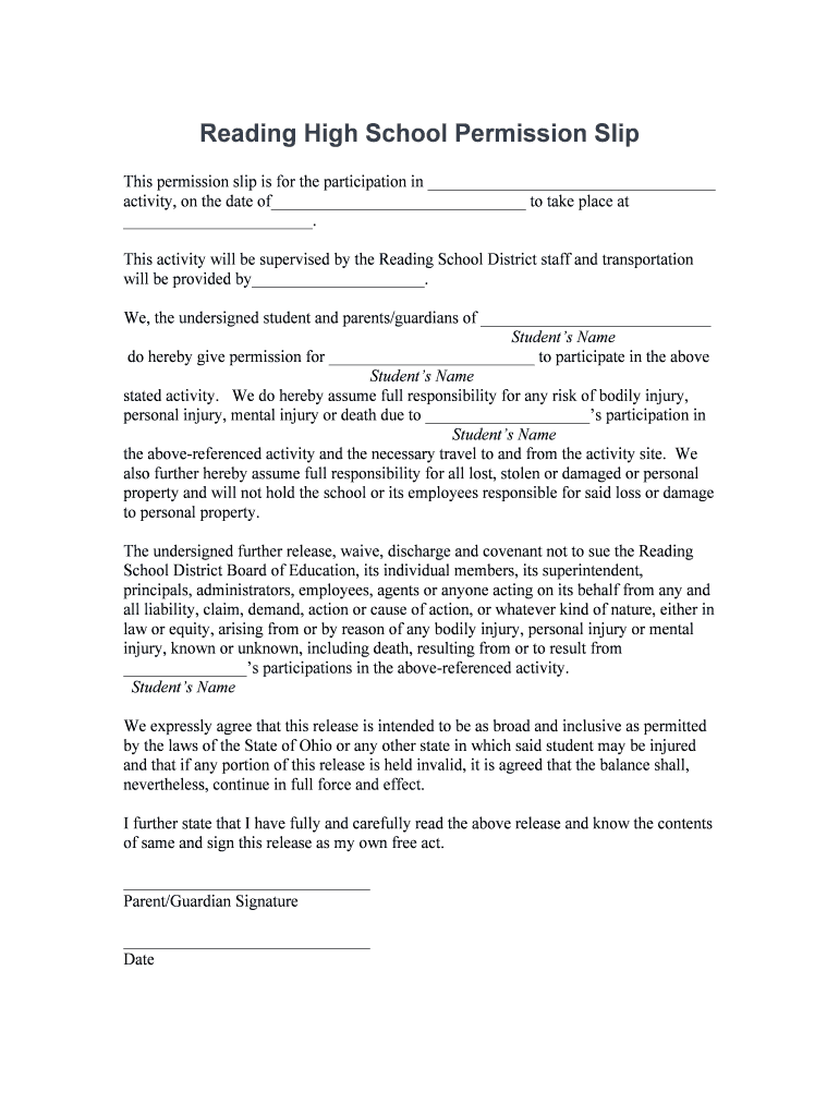 Fillable Online Reading High School Permission Slip Fax Email Print ...