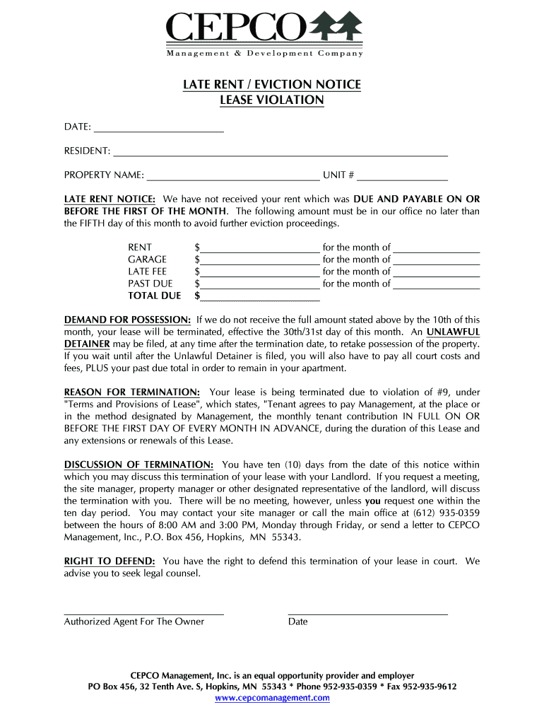 Fillable Online LATE RENT / EVICTION NOTICE Fax Email Print - pdfFiller