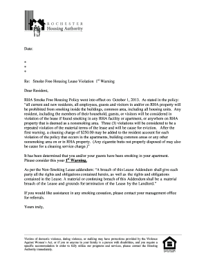 Fillable Online Re: Smoke Free Housing Lease Violation 1st Warning Fax ...