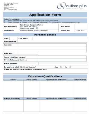 Fillable Online autismplus BJob Application Formb Template - Autism ...