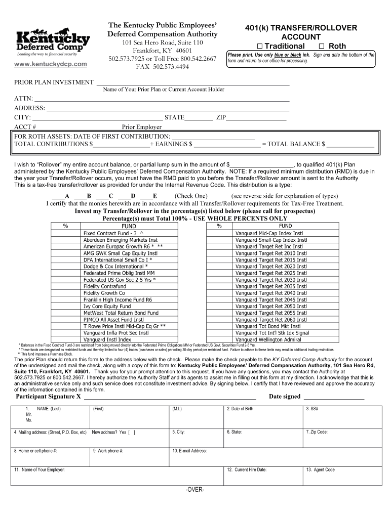 Fillable Online NRI-0540KY-KY6-1215 KY 401k Transfer Rollover Indocx ...