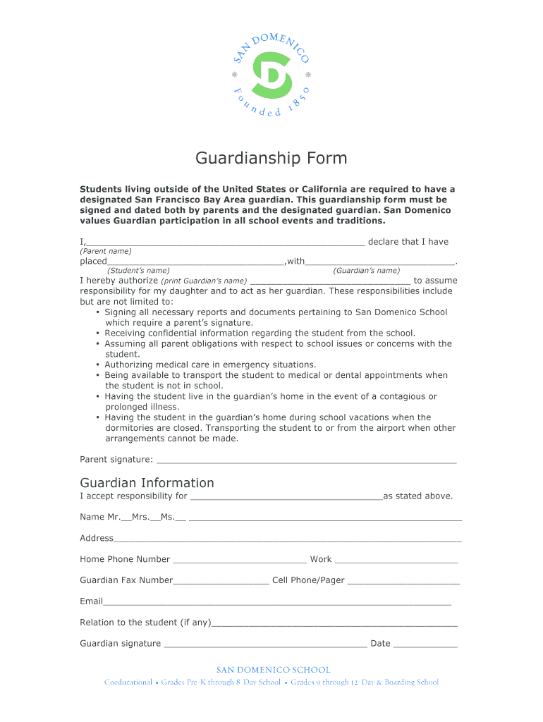 Fillable Online Guardianship Form - San Domenico School Fax Email Print ...