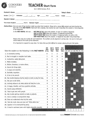 Fillable Online CONNERS TEACH ERShort Form - Excel Pediatrics Fax Email ...