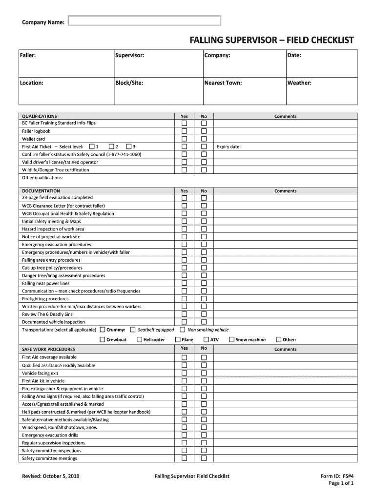 Fillable Online bcforestsafe 4Falling Supervisor Field Checklist ...