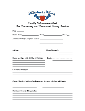 Fillable Online Family Information Sheet - Nanny Services Fax Email ...