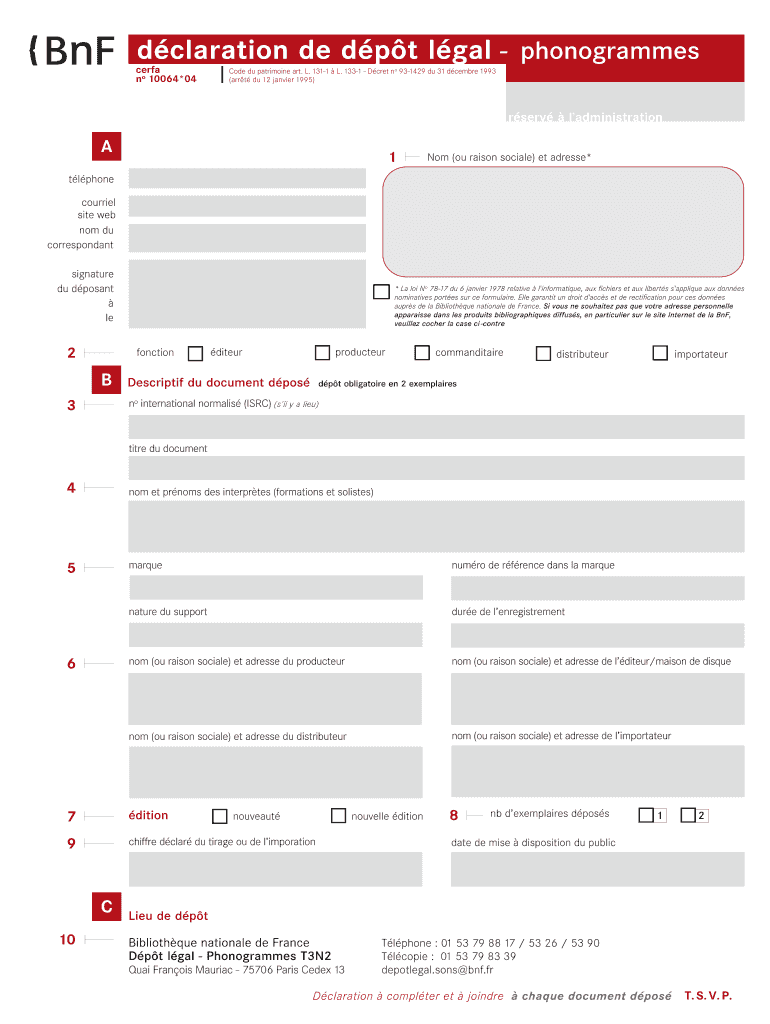 Remplissable En Ligne fracama Formulaire de dclaration de dpt lgal phonogrammes Fax Email ...
