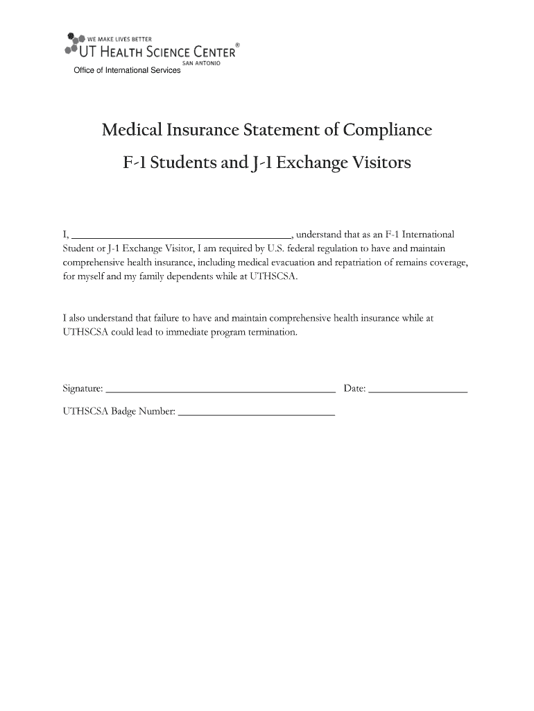 Fillable Online uthscsa Medical Insurance bStatementb of bComplianceb F-1 Students and J-1 bb ...