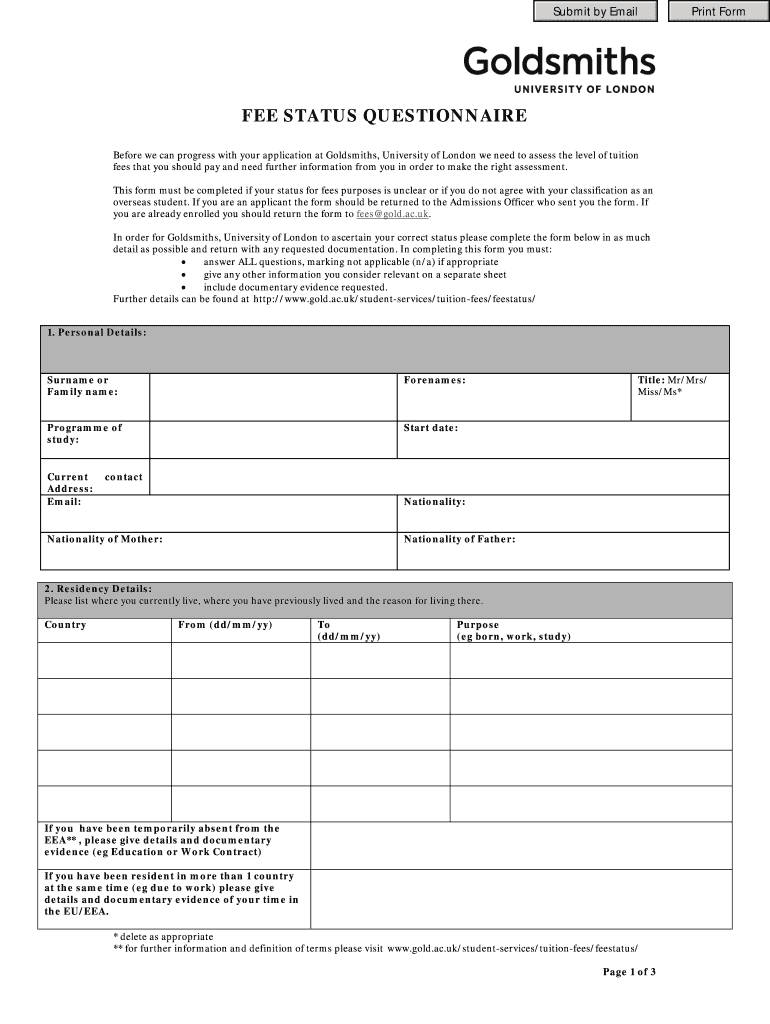 Fillable Online gold ac Fee status questionnaire - Goldsmiths ...