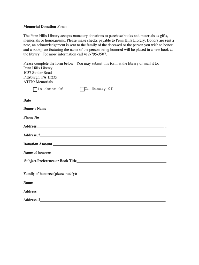 Fillable Online pennhillslibrary Memorial Donation bFormb The bPennb ...