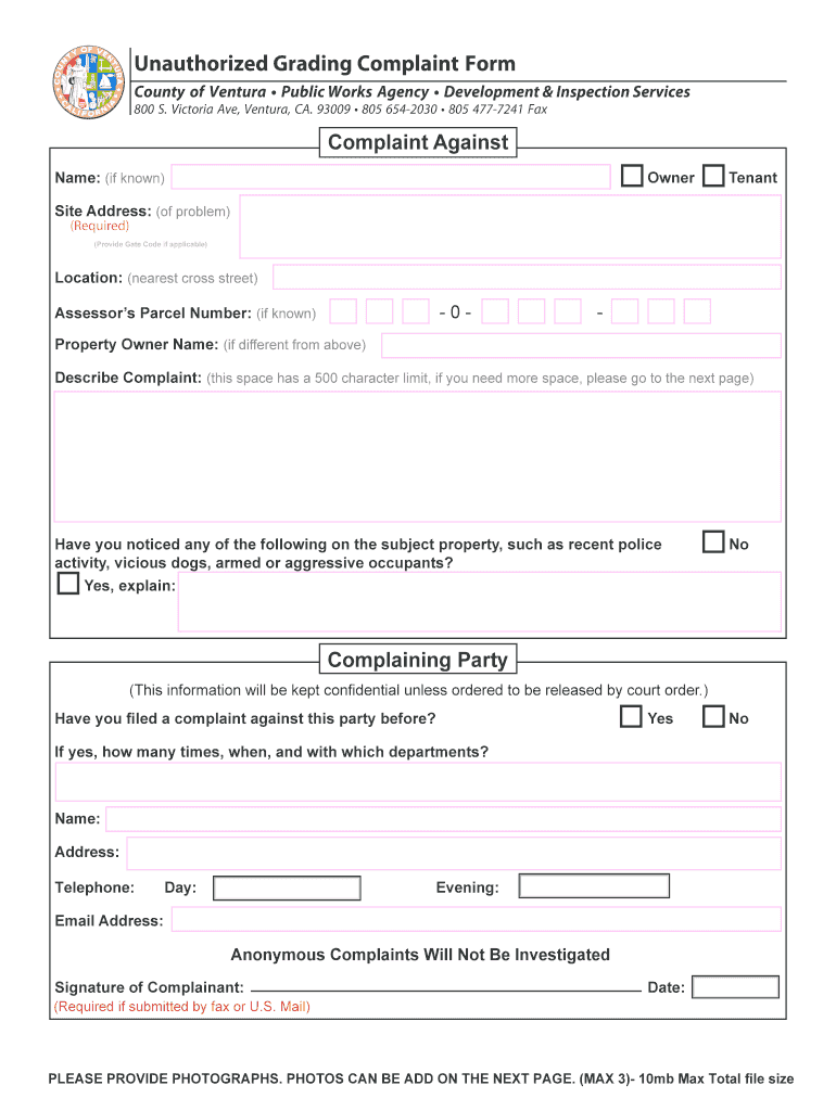 Fillable Online Enforcement complaint form - pwaportalventuraorg Fax ...