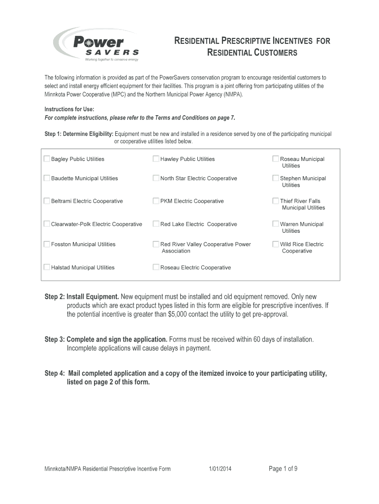 Fillable Online RESIDENTIAL PRESCRIPTIVE INCENTIVES FOR Fax Email Print ...