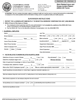 Fillable Online csuchico Work Related Injury and Illness Incident ...