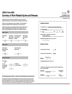 Fillable Online OSHA 's Form 300A Year Summary of WorkRelated Injuries ...