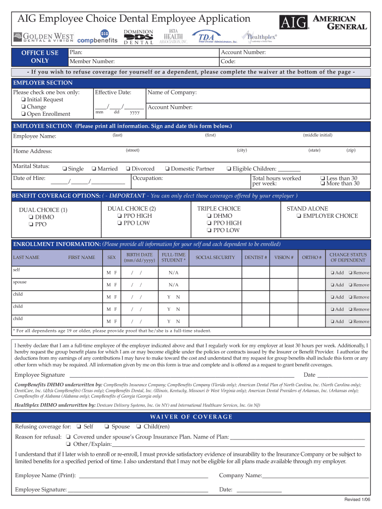 Fillable Online AIG Employee Choice Dental Employee Application Fax ...