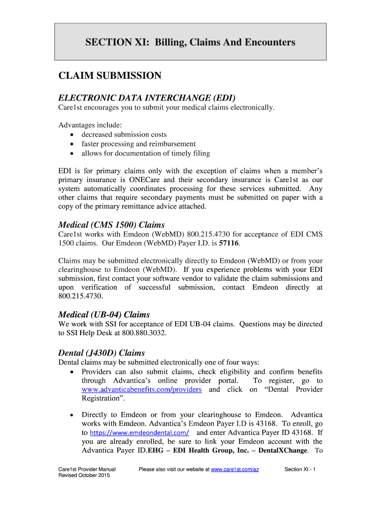 Fillable Online SECTION XI Billing Claims And Encounters CLAIM ...