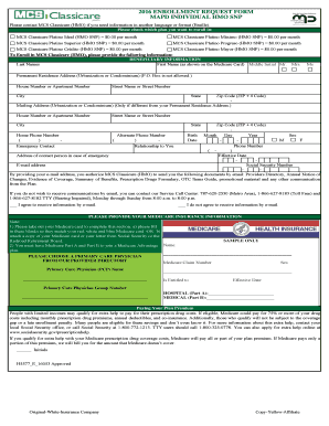 Fillable Online 2016 Enrollment Request Form MAPD Individual HMO SNP ...