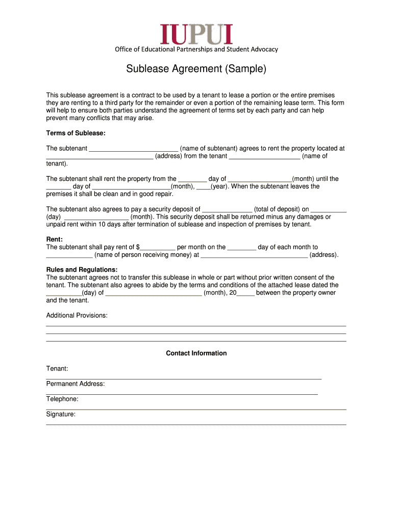 Fillable Online Sublease Agreement Sample - Indiana University Fax Email Print - pdfFiller