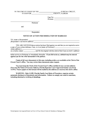 Fillable Online NOTICE OF ACTION FOR DISSOLUTION OF MARRIAGE When sho ...