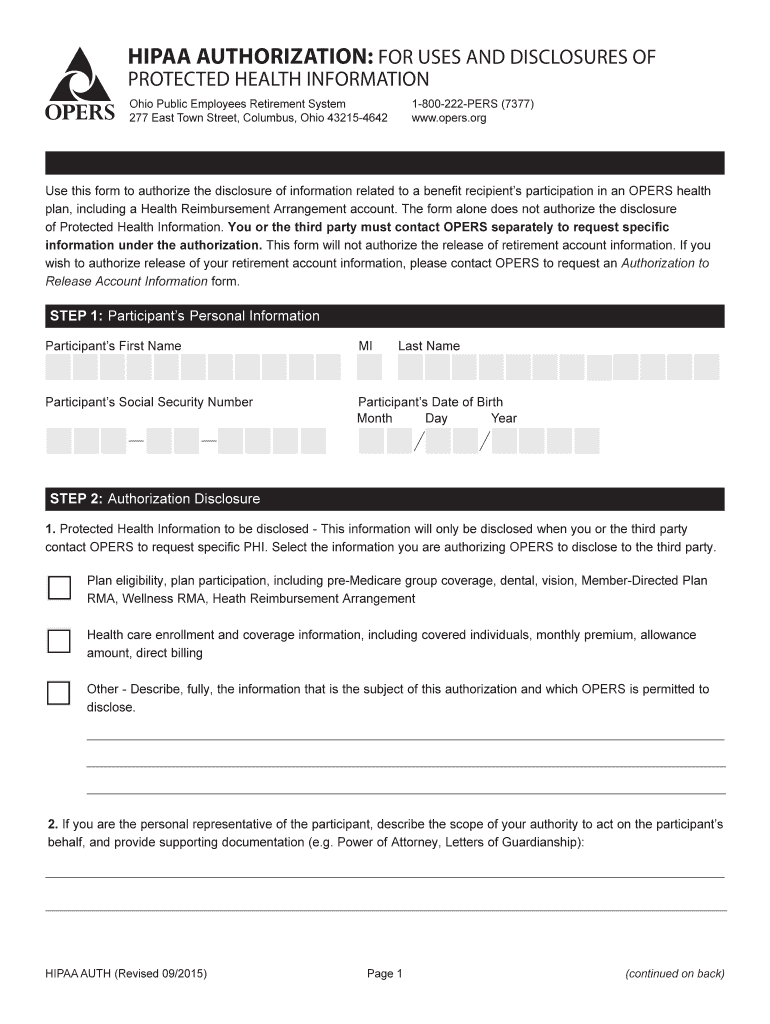 Fillable Online opers HIPAA AUTHORIZATION: FOR USES AND DISCLOSURES OF ...