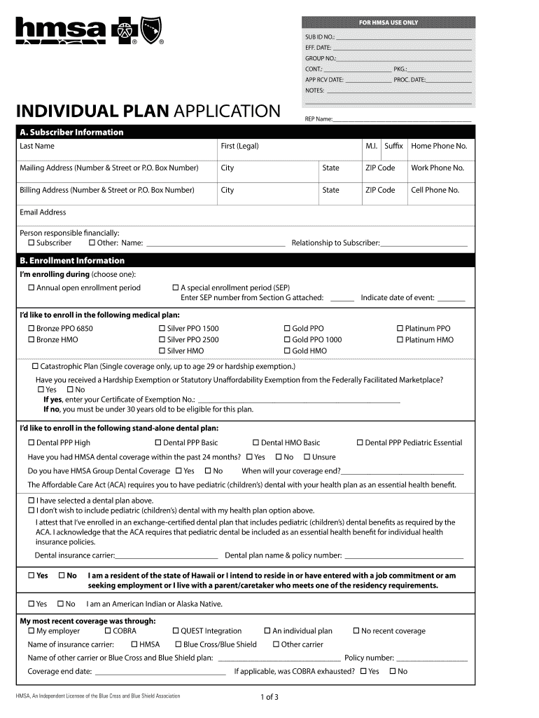 Fillable Online HMSA Individual Plan Application Form Fax Email Print ...