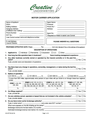 Fillable Online MOTOR CARRIER APPLICATION - creativeunderwriterscom Fax Email Print - pdfFiller