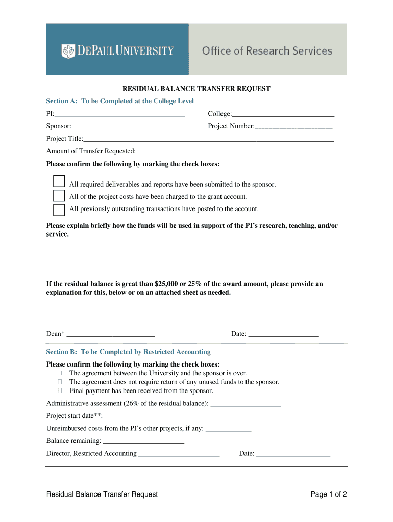 Fillable Online offices depaul RESIDUAL BALANCE TRANSFER REQUEST ...