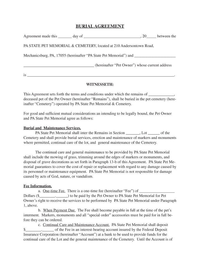 Fillable Online Burial bAgreementbindd - Peaceful bPetb Passage Fax ...