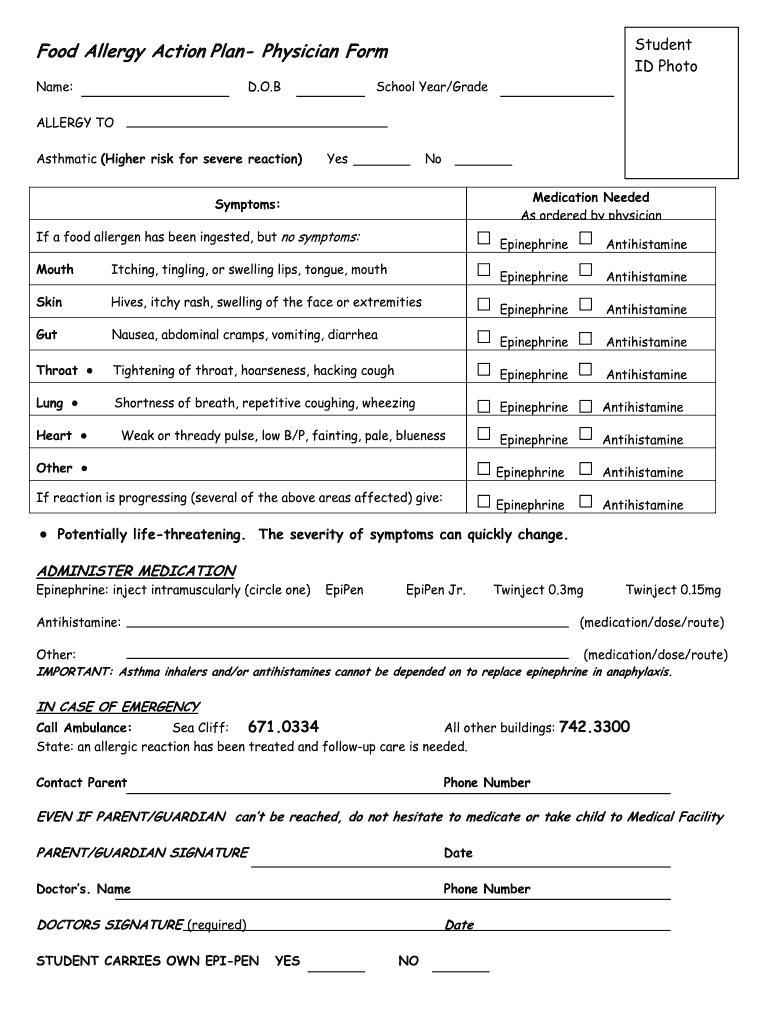 Fillable Online Food Allergy Action Plan- Physician Form Student Fax Email Print - pdfFiller