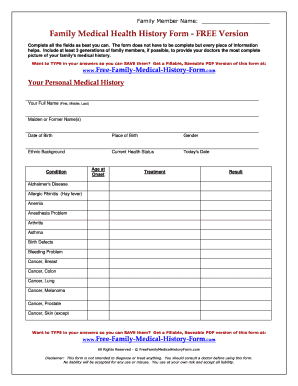 Fillable Online Family Medical Health History Form - FREE Version Fax ...