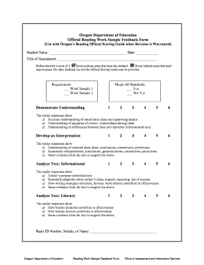 Fillable Online Oregon Department of Education Reading Work Sample ...