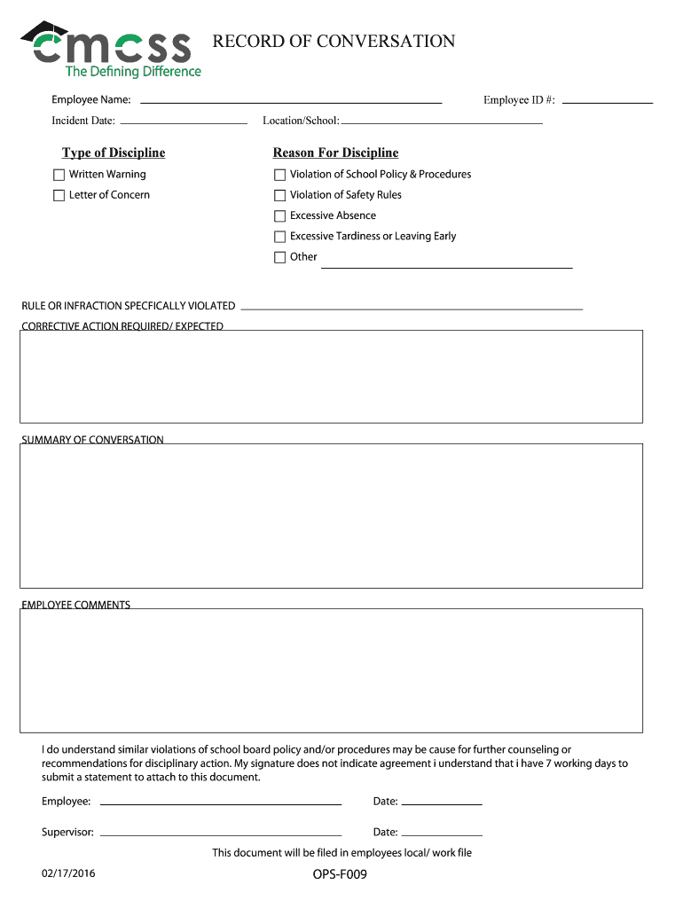 Fillable Online RECORD OF CONVERSATION - cmcssnet Fax Email Print ...