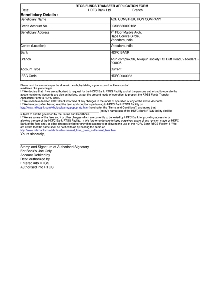 Fillable Online RTGS FUNDS TRANSFER APPLICATION FORM Date HDFC Bank Ltd ...