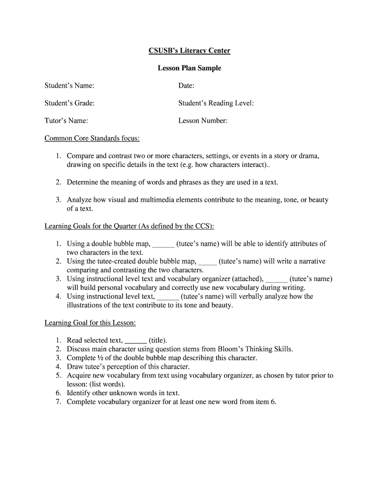 Fillable Online coe csusb Lesson Plan Sample - College of Education Fax ...