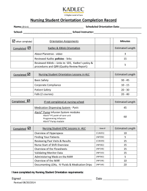 Fillable Online Nursing Student Orientation Completion Record ...