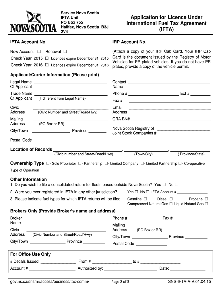 Fillable Online Nova Scotia IFTA License Application Fax Email Print - pdfFiller