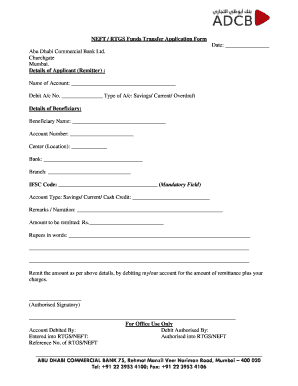 Fillable Online NEFT RTGS Funds Transfer Application Form Date Abu Fax ...