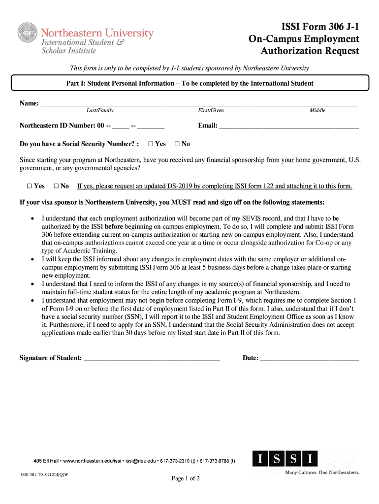 Fillable Online northeastern ISSI Form b306b J-1 On-Campus Employment Authorization Request ...