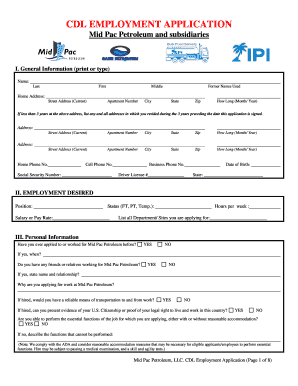 Fillable Online CDL EMPLOYMENT APPLICATION - Mid Pac Petroleum LLC Fax ...