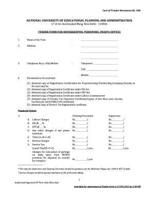 Fillable Online nuepa TENDER FORM FOR HOUSEKEEPING PERSONNEL (NUEPA ...