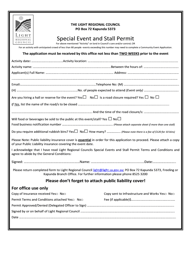Fillable Online Special Event and Stall Permit - Light Regional Council ...