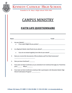 Fillable Online FAITH LIFE QUESTIONNAIRE - John F Kennedy Catholic High ...