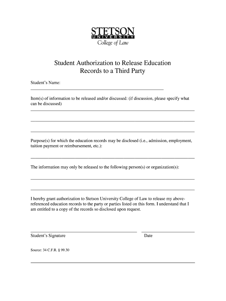 Fillable Online catalog stetson Student Authorization to Release ...