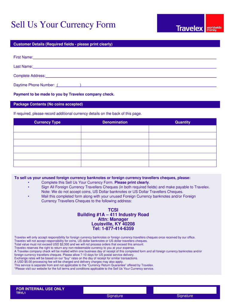 Fillable Online Sell Us Your Currency Form Fax Email Print - pdfFiller