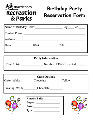 Fillable Online Birthday Party Reservation Form - brattleboroorg Fax ...
