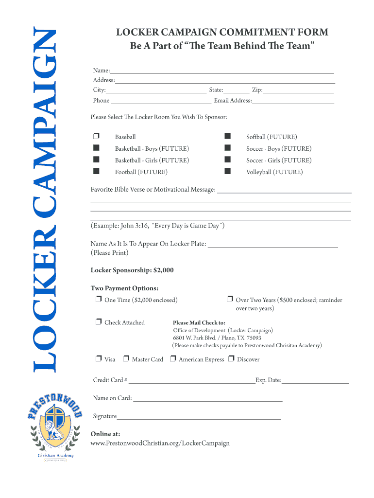 Fillable Online prestonwoodchristian LOCKER CAMPAIGN COMMITMENT FORM ...
