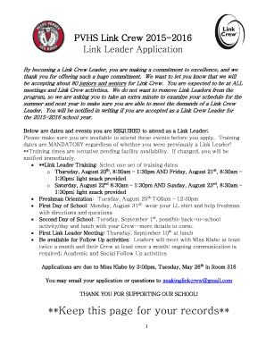 Fillable Online PVHS Link Crew 2015-2016 Link Leader Application Fax ...