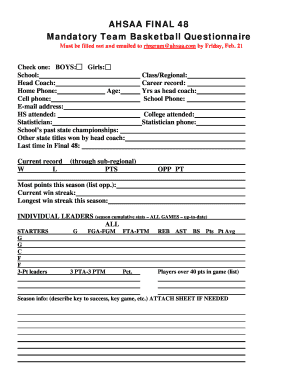 Fillable Online AHSAA FINAL 48 Mandatory Team Basketball Questionnaire ...