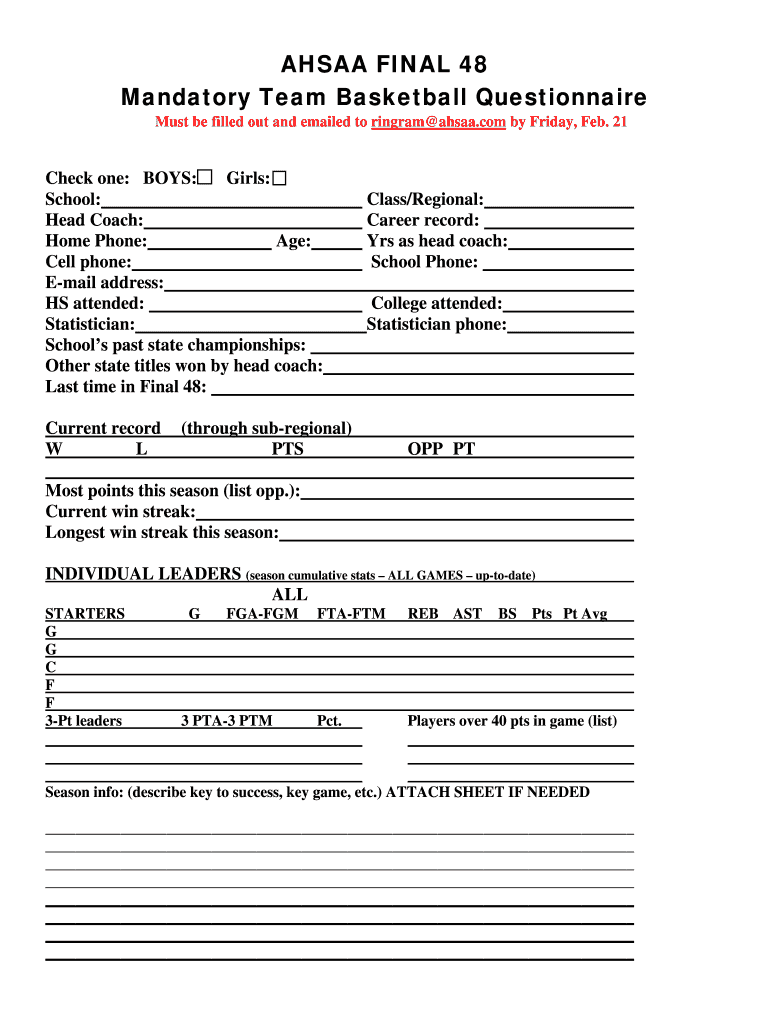 Fillable Online AHSAA FINAL 48 Mandatory Team Basketball Questionnaire ...