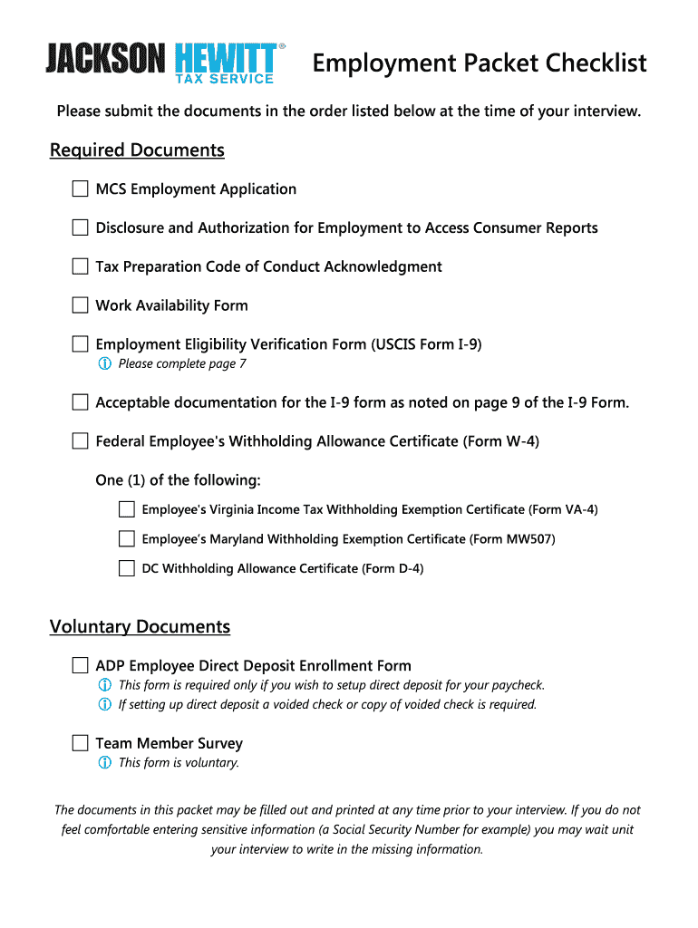 Fillable Online Employment Packet Checklist Fax Email Print - pdfFiller