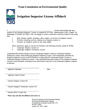 Fillable Online tceq texas Irrigation Inspector License Affidavit ...